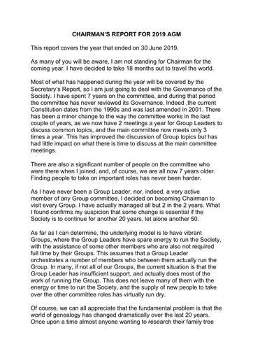 Family History Society of Cheshire - Chairman's Report for AGM 2019